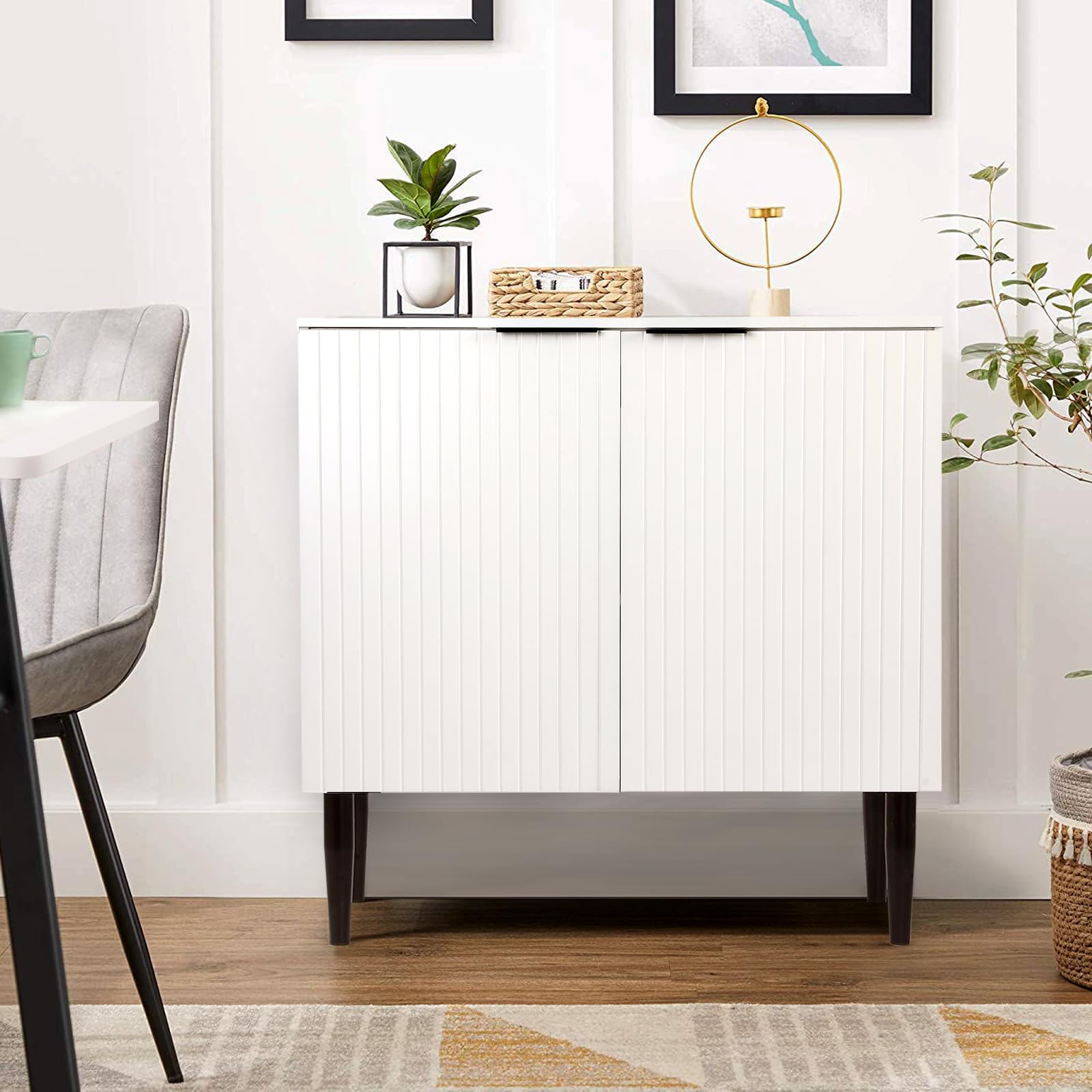 VOWNER Sideboard Buffet Cabinet, Kitchen Accent Cabinet, Modern Credenza with Doors and Adjustable Shelves, Accent Cabinet for Dining Room, Hallway, Bathroom, White
