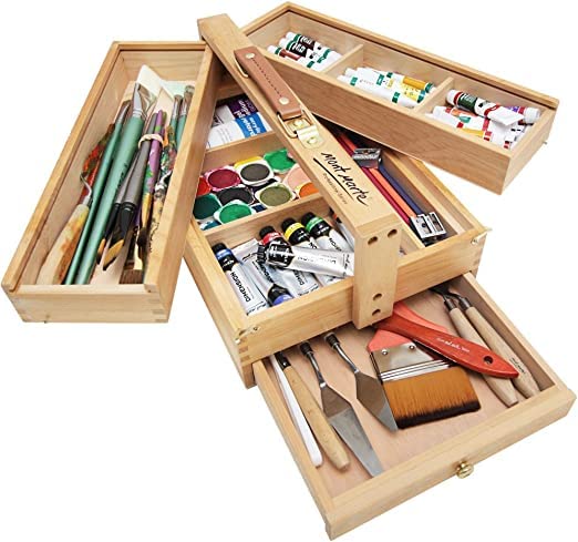 Mont Marte Multi-Purpose Wooden Art Box. 3 Layers of Storage for Organizing Art Supplies. Features a Leather Carry Handle for Easy Transport