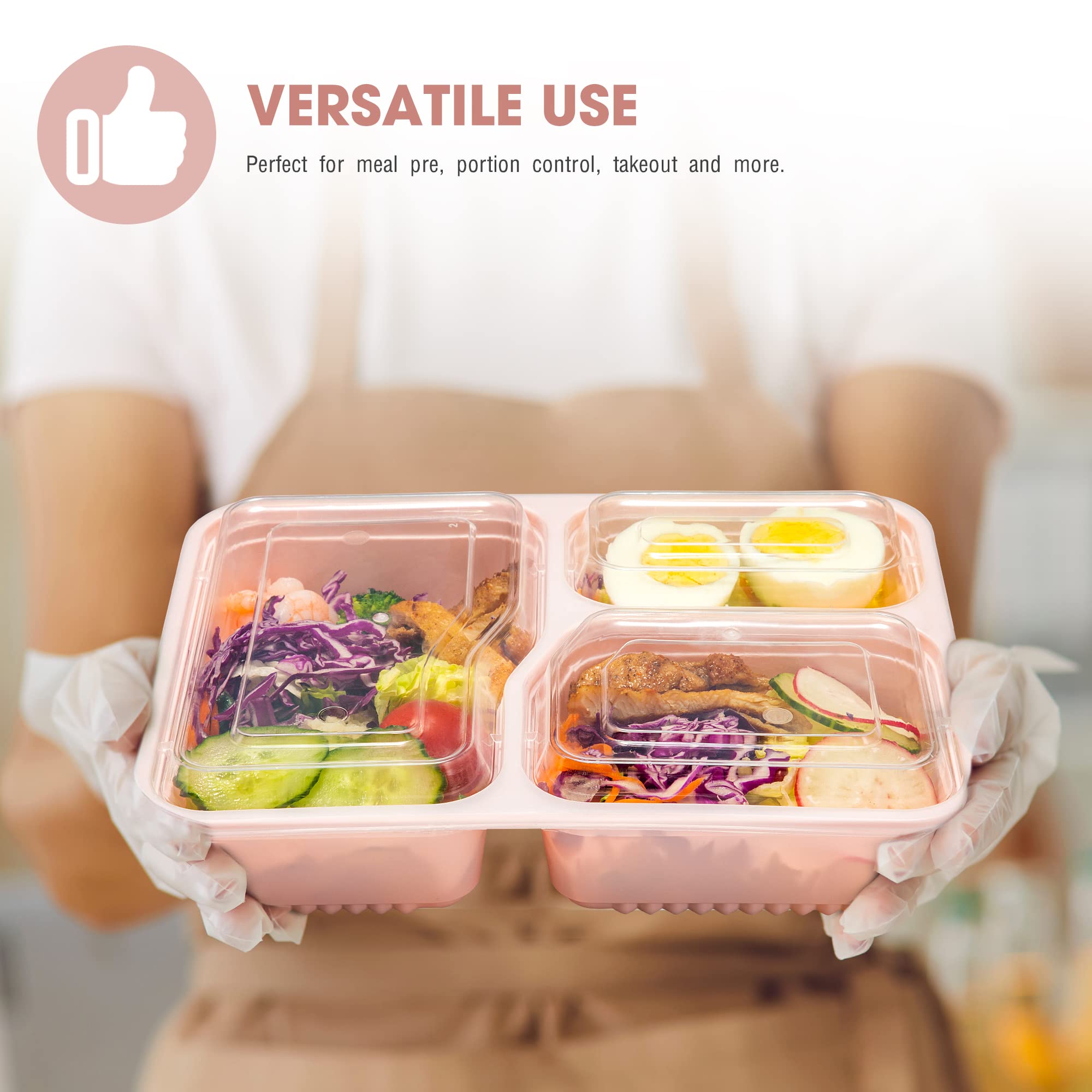 Glotoch Express Meal Prep Container 3 Compartment, 15 Packs 34 oz To Go Containers, Plastic Containers With Lids For Storage-Microwave&Freezer&Dishwasher Safe, Eco-Friendly, BPA-Free&Stackable, Pink