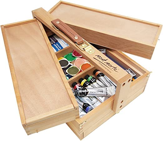 Mont Marte Multi-Purpose Wooden Art Box. 3 Layers of Storage for Organizing Art Supplies. Features a Leather Carry Handle for Easy Transport