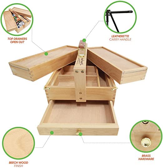 Mont Marte Multi-Purpose Wooden Art Box. 3 Layers of Storage for Organizing Art Supplies. Features a Leather Carry Handle for Easy Transport