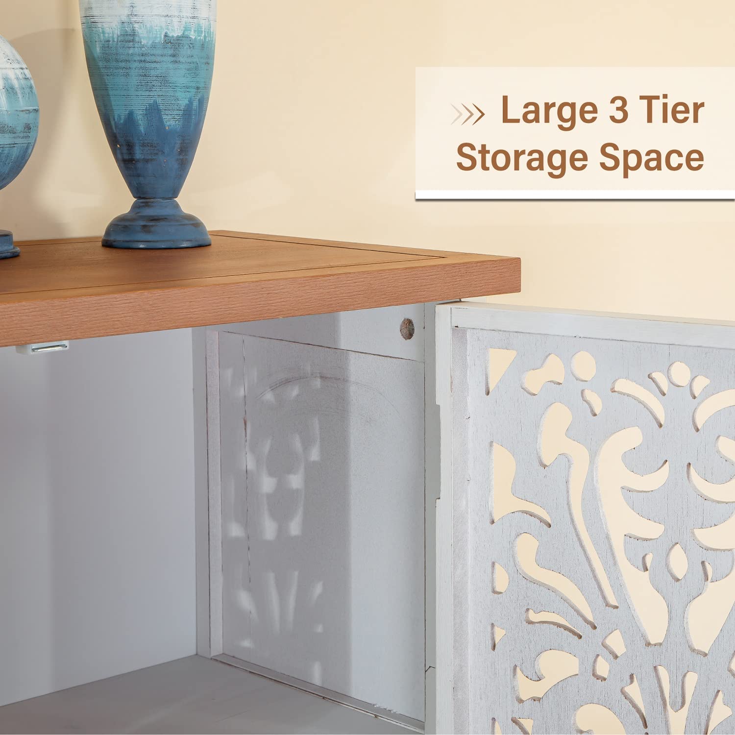 MFSTUDIO Accent Wood Storage Cabinet, Large Farmhouse Hollow-Carved Buffet Sideboard with 3 Doors Decorative Storage Cabinets for Living Room Kitchen Entryway Hallway, White