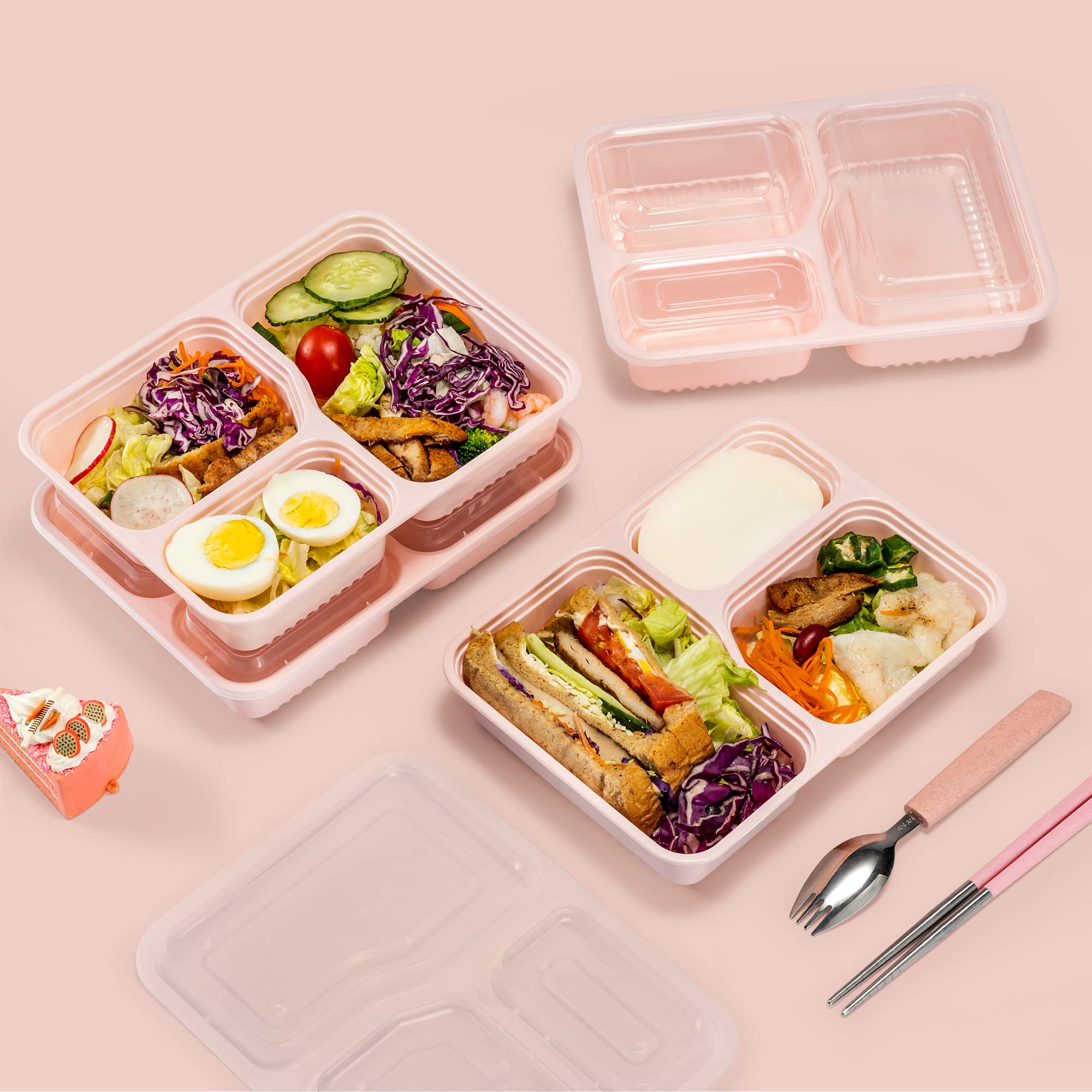 Glotoch Express Meal Prep Container 3 Compartment, 15 Packs 34 oz To Go Containers, Plastic Containers With Lids For Storage-Microwave&Freezer&Dishwasher Safe, Eco-Friendly, BPA-Free&Stackable, Pink
