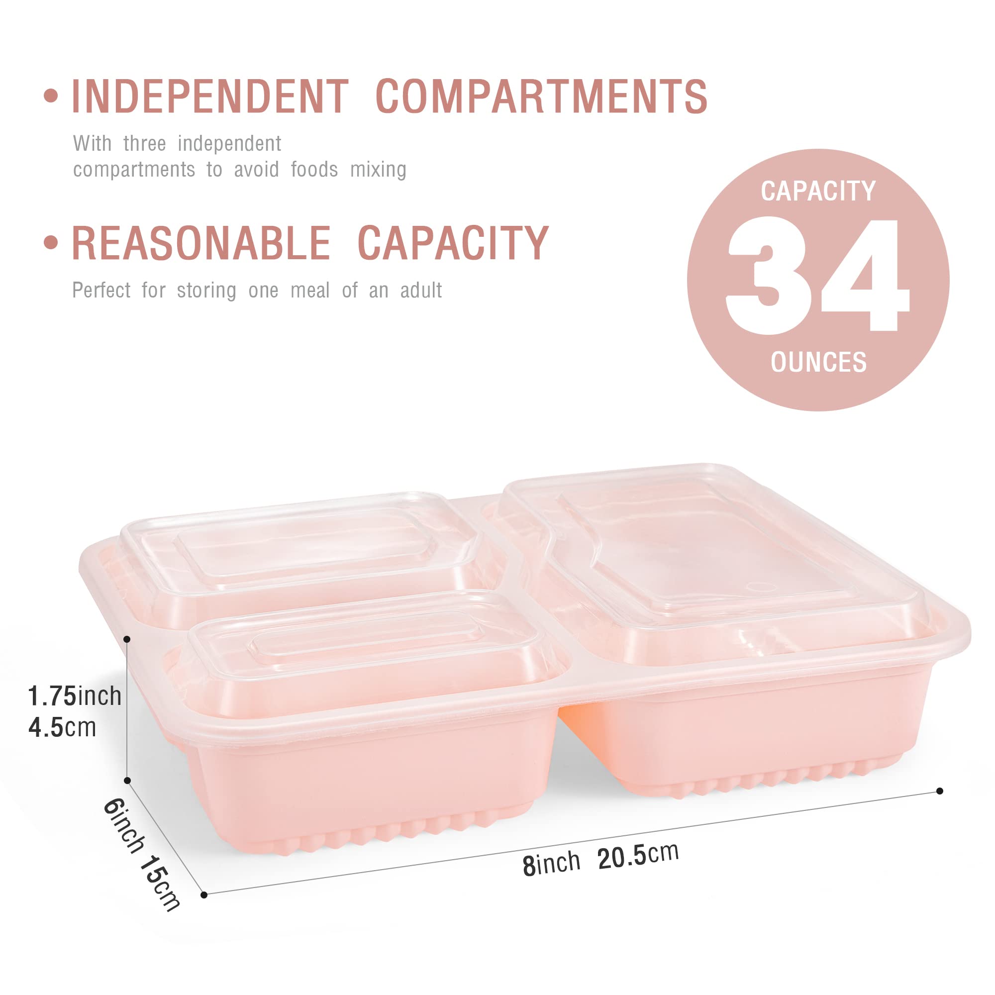 Glotoch Express Meal Prep Container 3 Compartment, 15 Packs 34 oz To Go Containers, Plastic Containers With Lids For Storage-Microwave&Freezer&Dishwasher Safe, Eco-Friendly, BPA-Free&Stackable, Pink