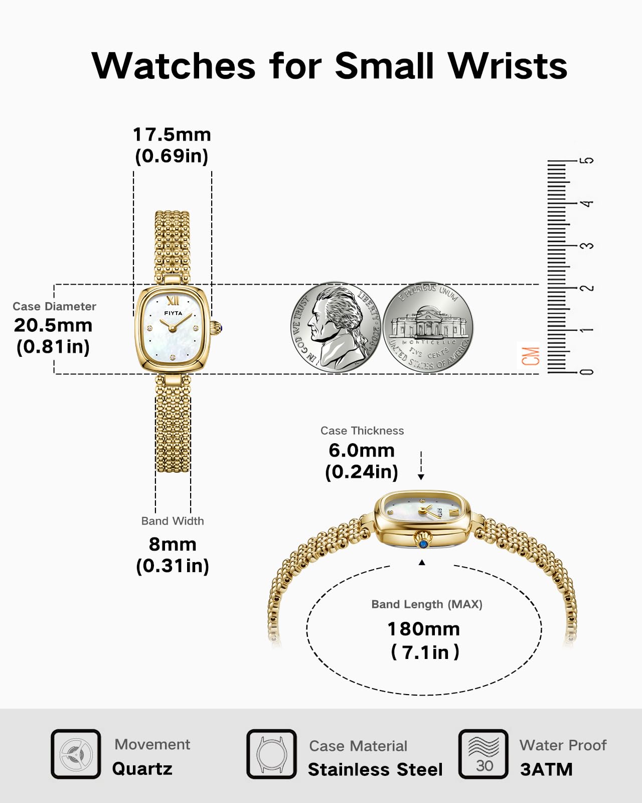 FIYTA Small Gold Watch Series Women's Watch, Rectangular Case, Adjustable Stainless Steel Bracelet, Wrapped by Stylish Gift Box, Elegant Present Watch for Women