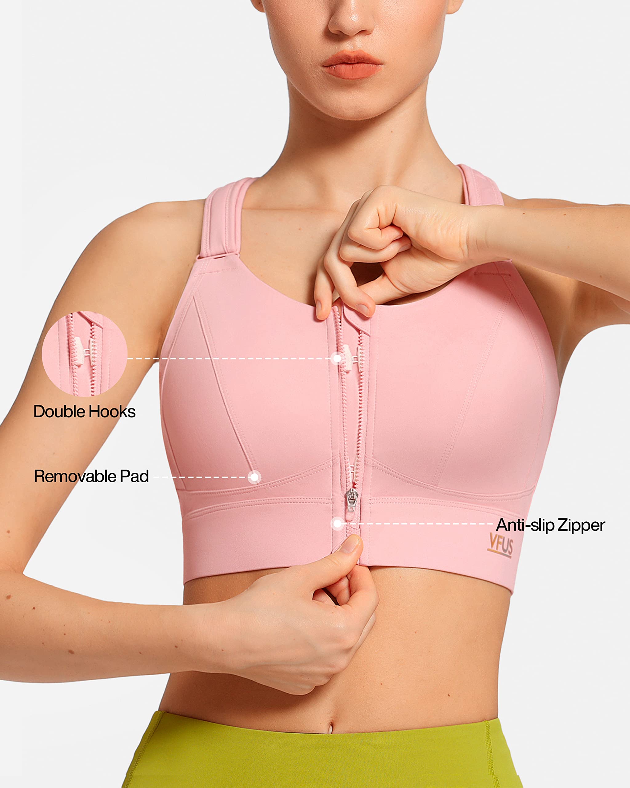 VFUS Sports Bras Adjustable Zip Front High Impact for Women Full Coverage Removable Padded Workout Running (Small, Pink)