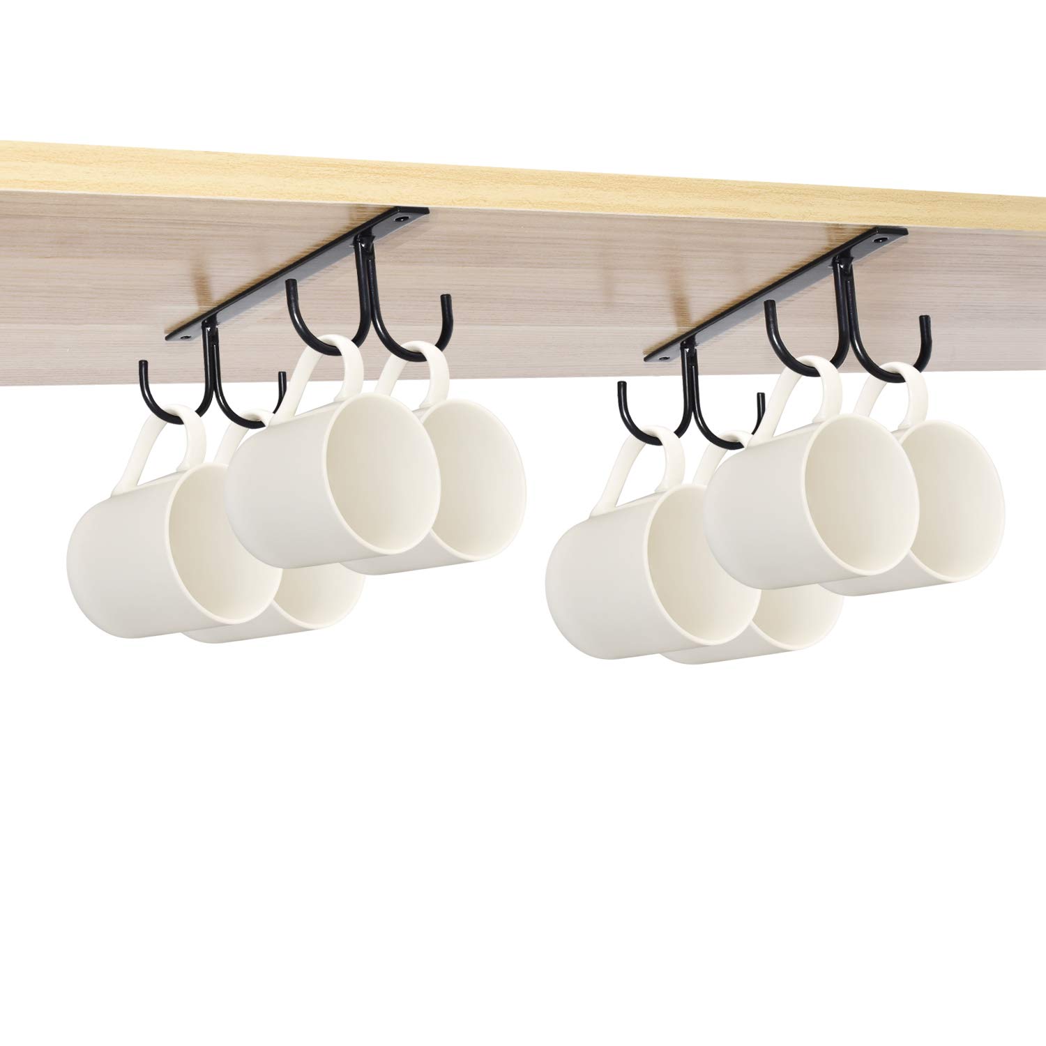 Mocoum Under Cabinet Mug Rack, Rustic Mug Organizer Rack Cup Holder Under Shelf Hanging Hooks Rack for Mugs, Coffee Cups and Kitchen Utensils Display (Black-2 Pack-8 Hooks)