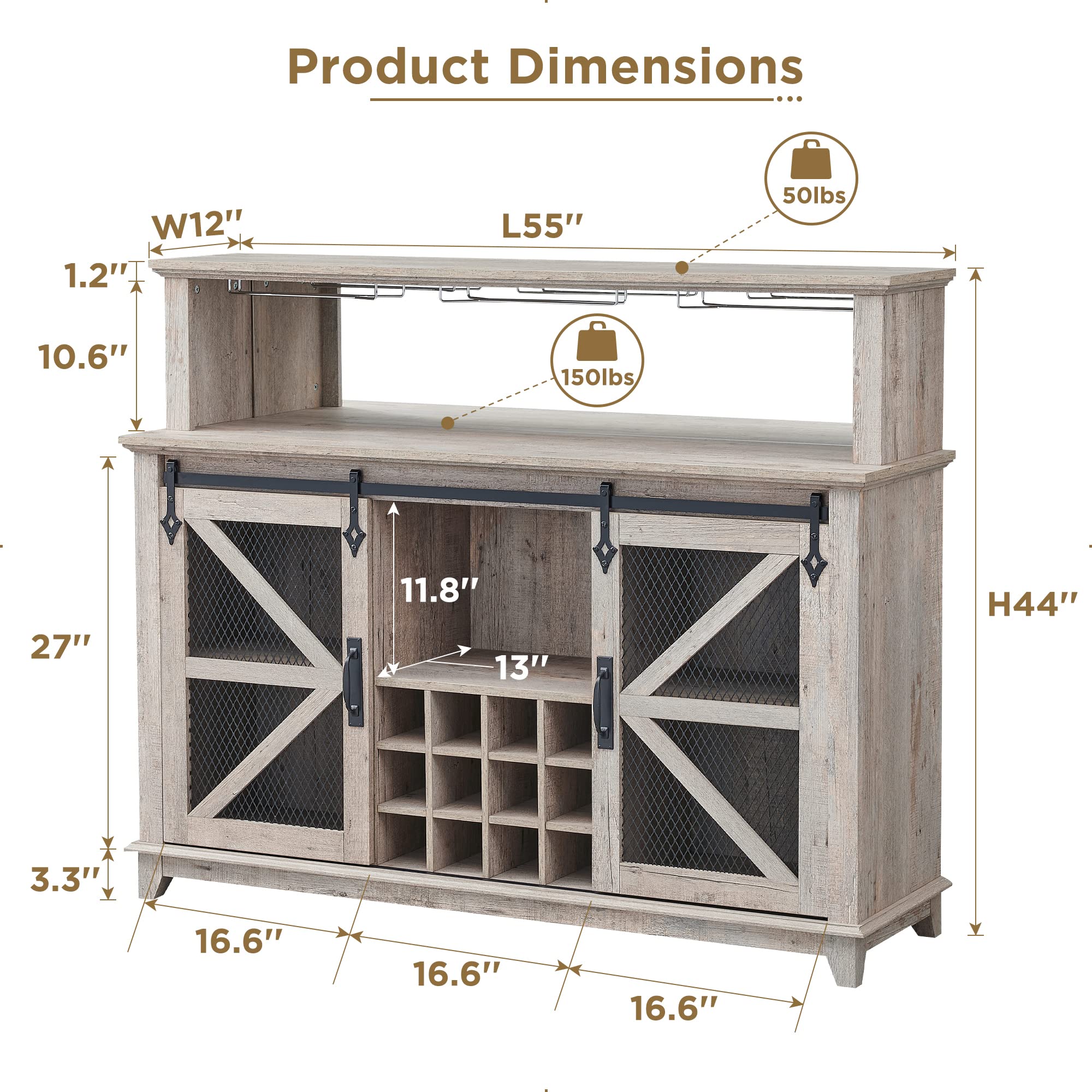 OKD Farmhouse Coffee Bar Cabinet with LED Lights, 55" Wine Bar w/Sliding Barn Door & Wine and Glass Rack, Kitchen Buffet Cabinet w/Storage Shelves for Dining Room,Light Rustic Oak