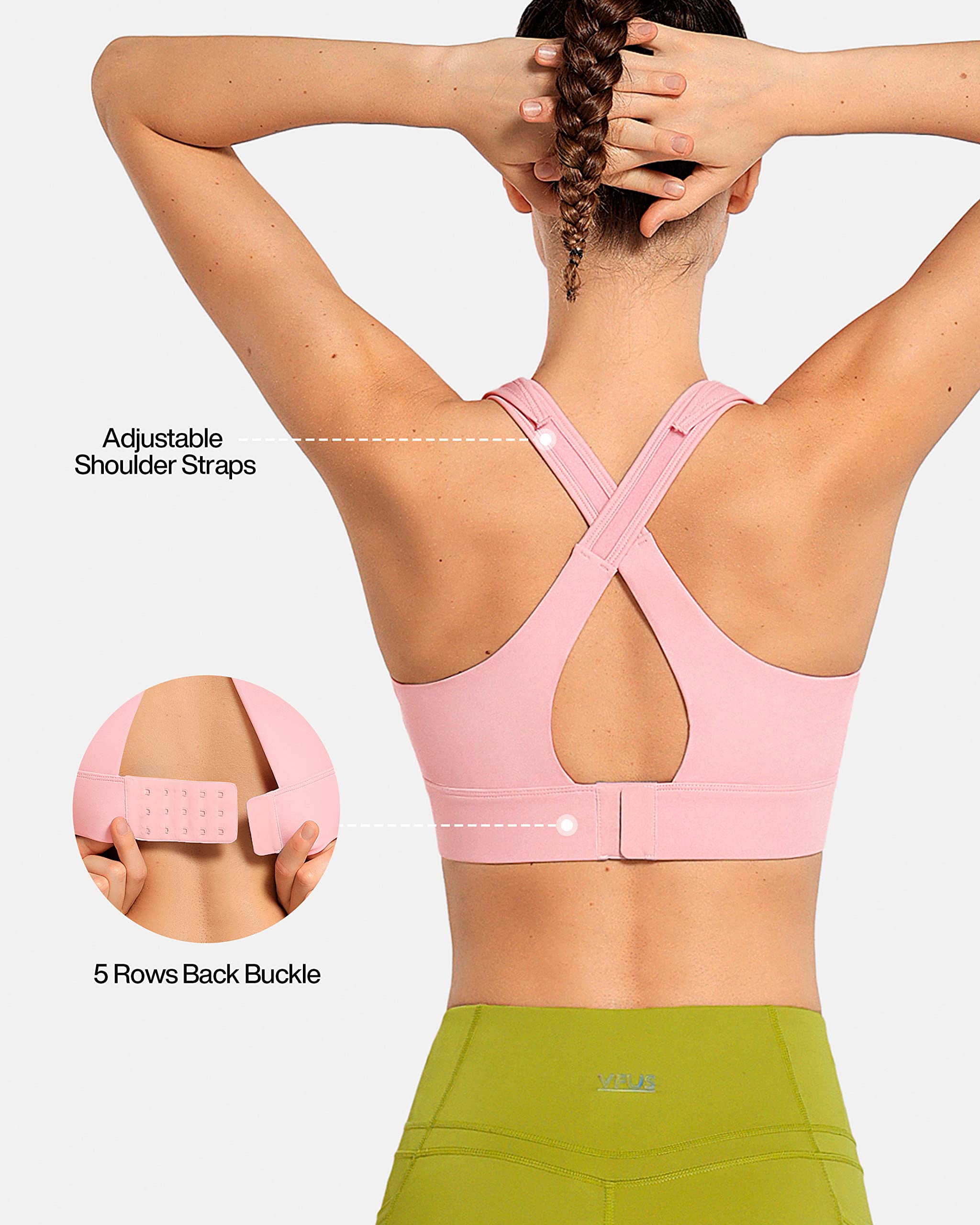 VFUS Sports Bras Adjustable Zip Front High Impact for Women Full Coverage Removable Padded Workout Running (Small, Pink)