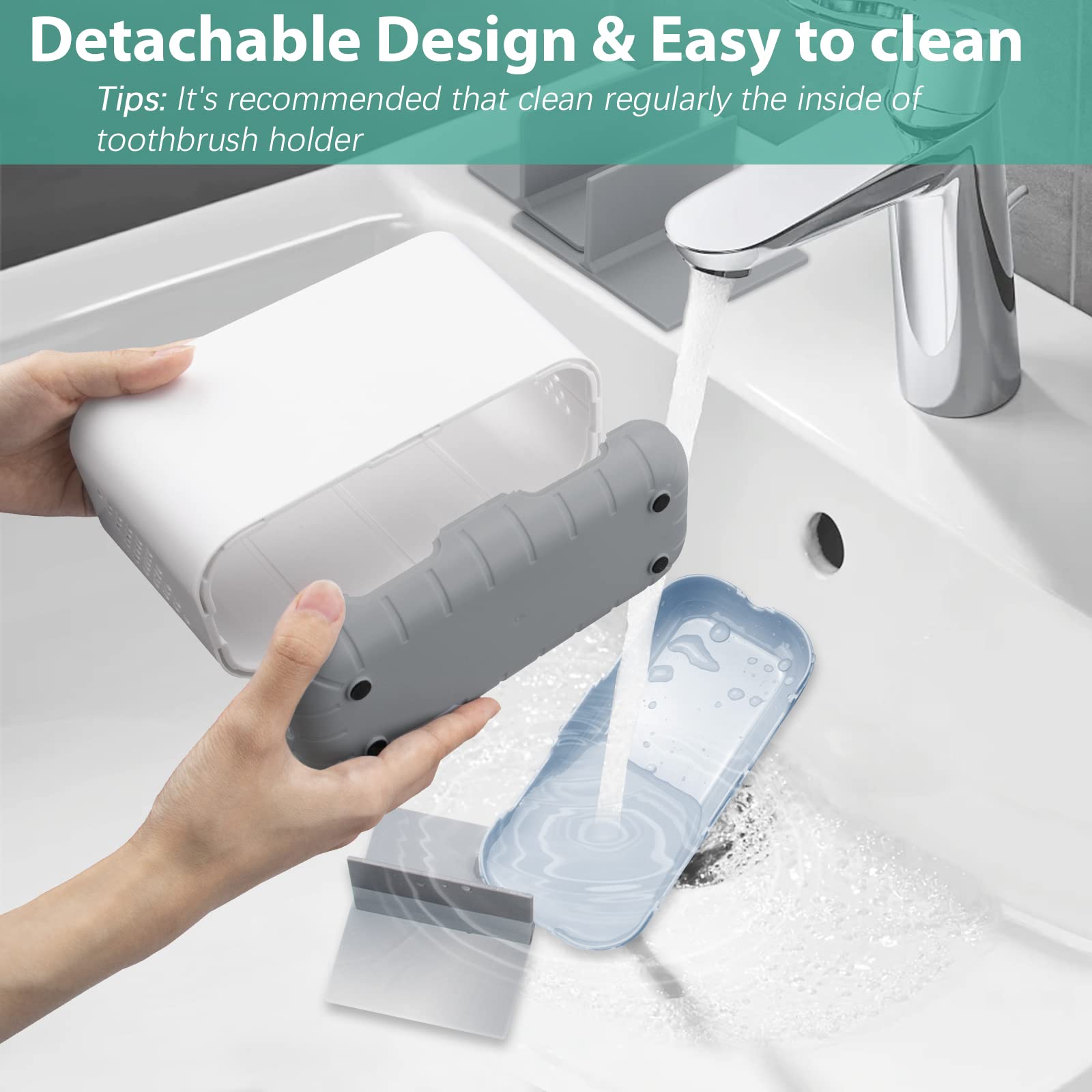 Boperzi Toothbrush and Toothpaste Holder Drainage for Bathroom Countertop with Adjustable Dividers, Large Toothpaste Caddy Organizer Storage Rustic Anti-Slip for Shower, Kitchen, Family, Kids Gray