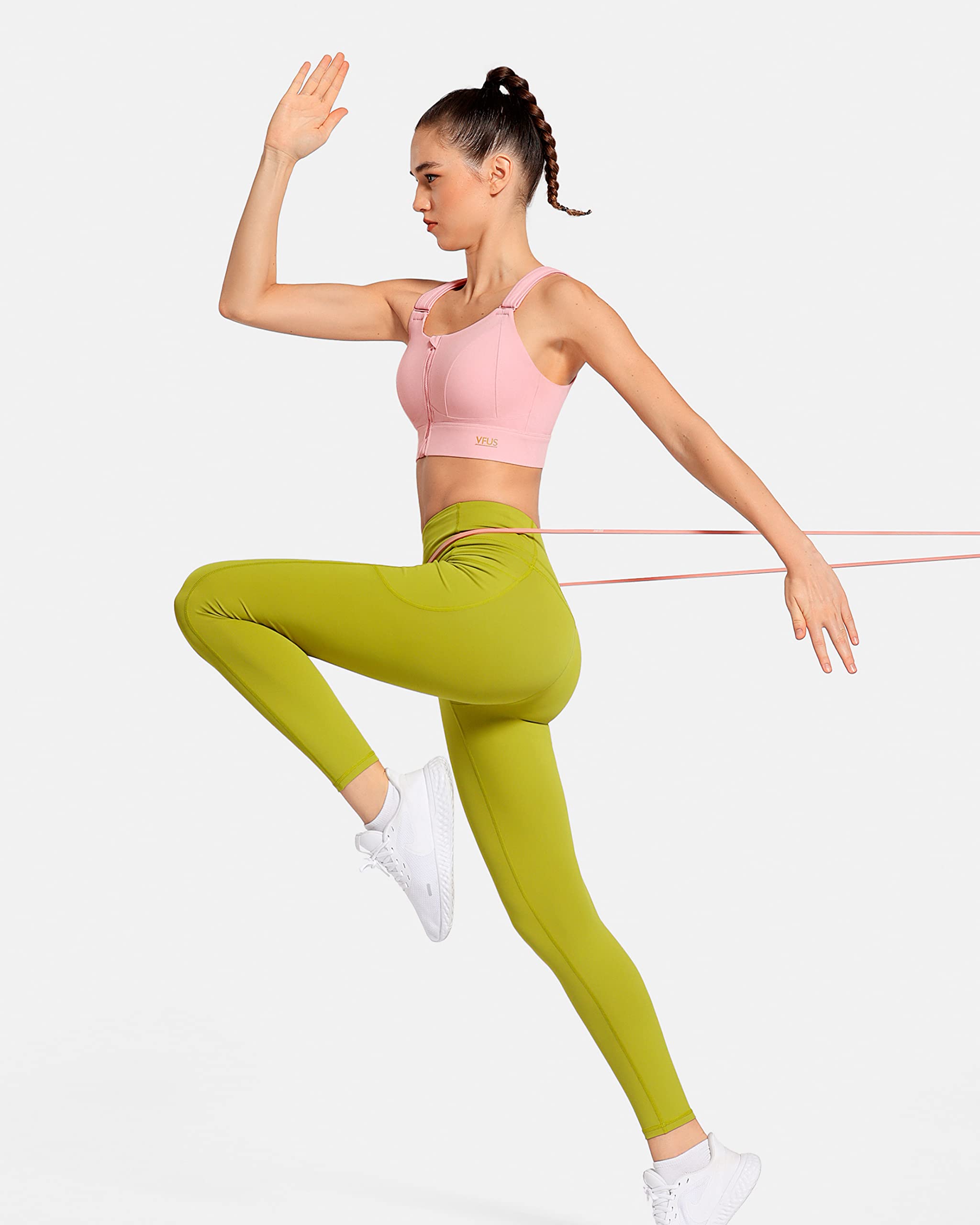 VFUS Sports Bras Adjustable Zip Front High Impact for Women Full Coverage Removable Padded Workout Running (Small, Pink)