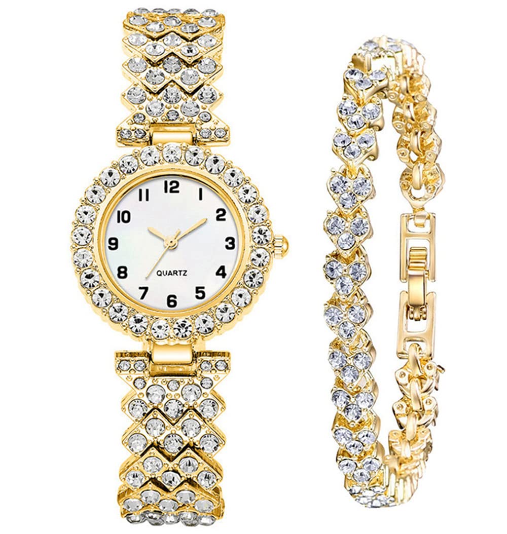 ADSBIAOYE Luxury Women Wrist Watches Crystal Inlay Bracelet Watch Fashion Casual Quartz Watch Female Watch (02 Gold) (G235)