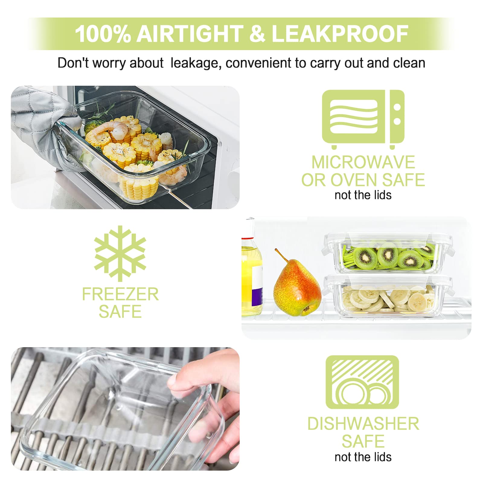 Bayco 10 Pack Glass Meal Prep Containers, Glass Food Storage Containers with Lids, Airtight Glass Lunch Bento Boxes, BPA-Free & Leak Proof (10 lids & 10 Containers) - Grey
