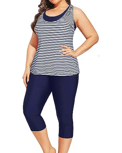 Yonique 3 Piece Plus Size Swimsuits for Women Tankini Tops with Sports Bra and Swim Capris Athletic Bathing Suits Blue and Stripes 20 Plus