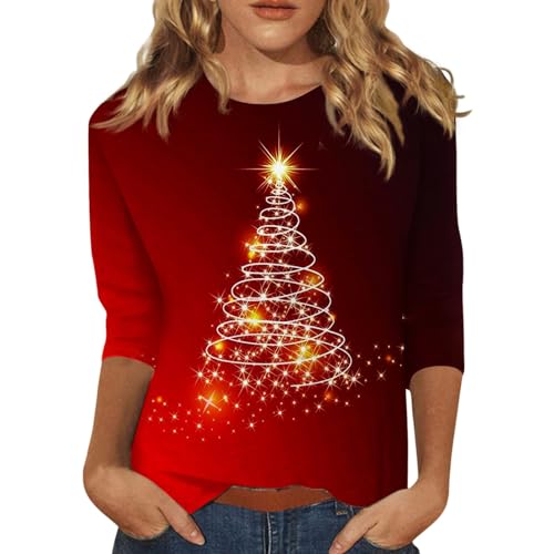 JJHAEVDY Christmas Fall Fashion Sweatshirts for Women Plus Size Tshirts Comfy Color Block Pullover Three Quarter Sleeve Outfit Womens Undershirts Sweatshirts(1-Vermilion,XX-Large)