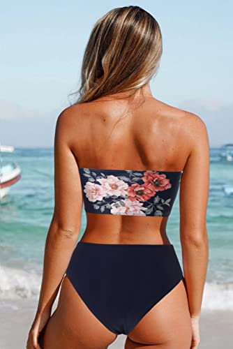 OMKAGI Women Bandeau Bikini Swimsuits Cheeky Off Shoulder Bathing Suit(XL,38-Floral)