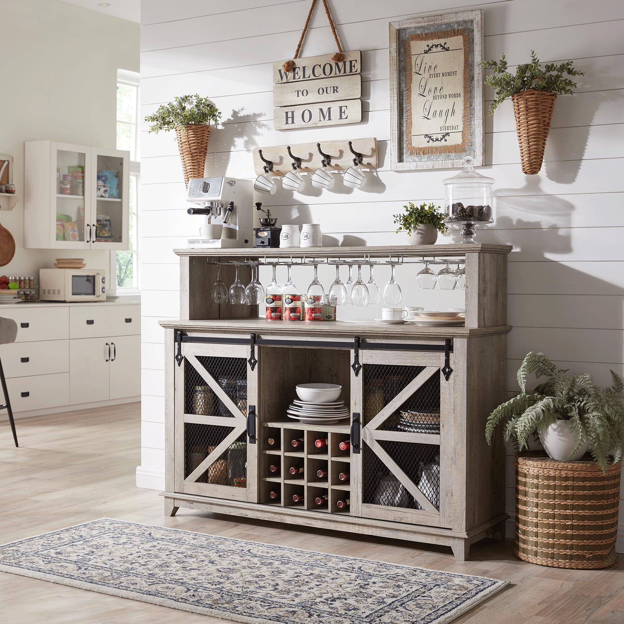 OKD Farmhouse Coffee Bar Cabinet with LED Lights, 55" Wine Bar w/Sliding Barn Door & Wine and Glass Rack, Kitchen Buffet Cabinet w/Storage Shelves for Dining Room,Light Rustic Oak