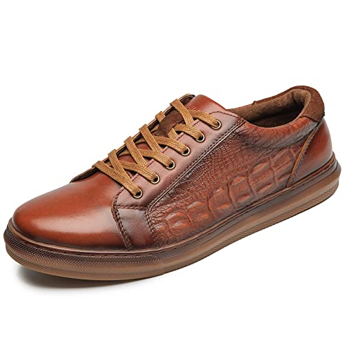 Arkbird Men's Fashion Casual Sneaker Shoes - Embossed Yellow Brown Leather Comfortable Daily Walking Shoe for Men
