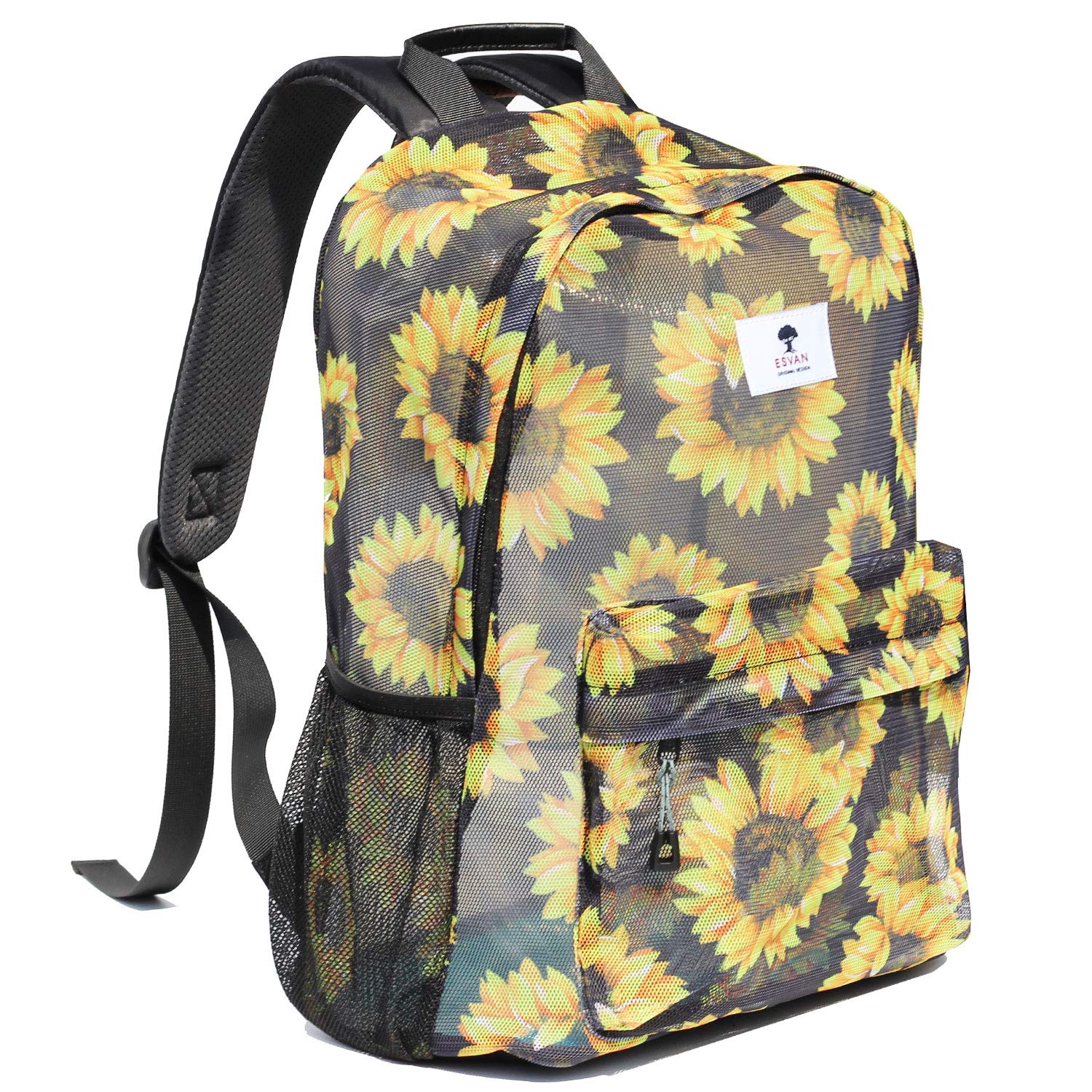 ESVAN Original Print Mesh Backpack Semi-Transparent Sackpack See Through Beach Bag Daypack Multi-Purpose Women Men Unisex (Sunflower)