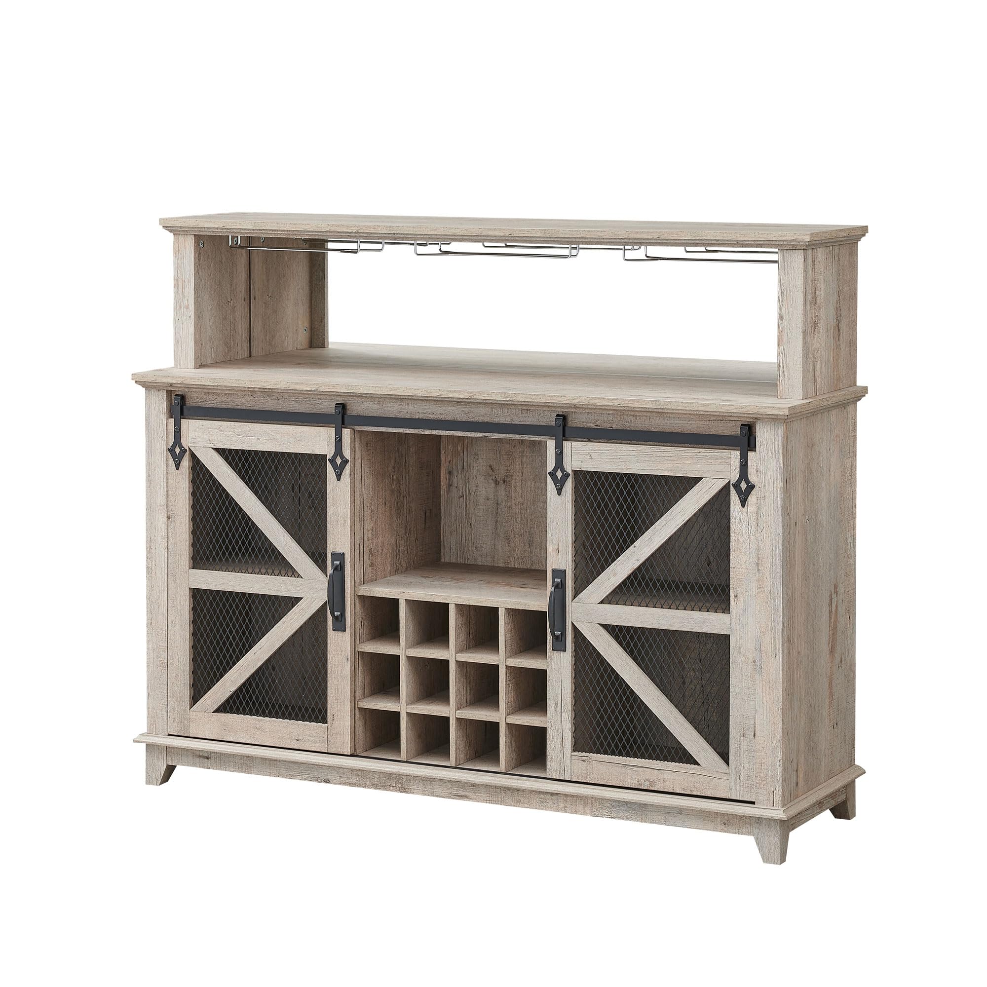OKD Farmhouse Coffee Bar Cabinet with LED Lights, 55" Wine Bar w/Sliding Barn Door & Wine and Glass Rack, Kitchen Buffet Cabinet w/Storage Shelves for Dining Room,Light Rustic Oak