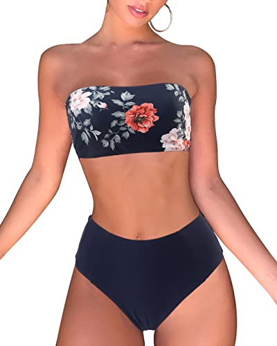OMKAGI Women Bandeau Bikini Swimsuits Cheeky Off Shoulder Bathing Suit(XL,38-Floral)