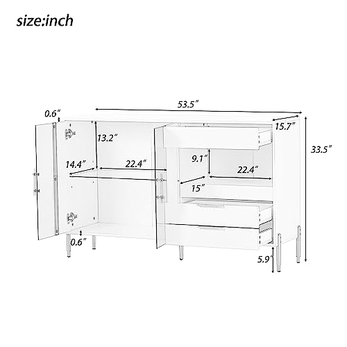Knocbel Contemporary 53.5" Buffet Sideboard Storage Cabinet with 3 Drawers, Acrylic Doors and Adjustable Glass Shelves, Living Room Entry Hallway Foyer Table Coffee Bar Cabinet