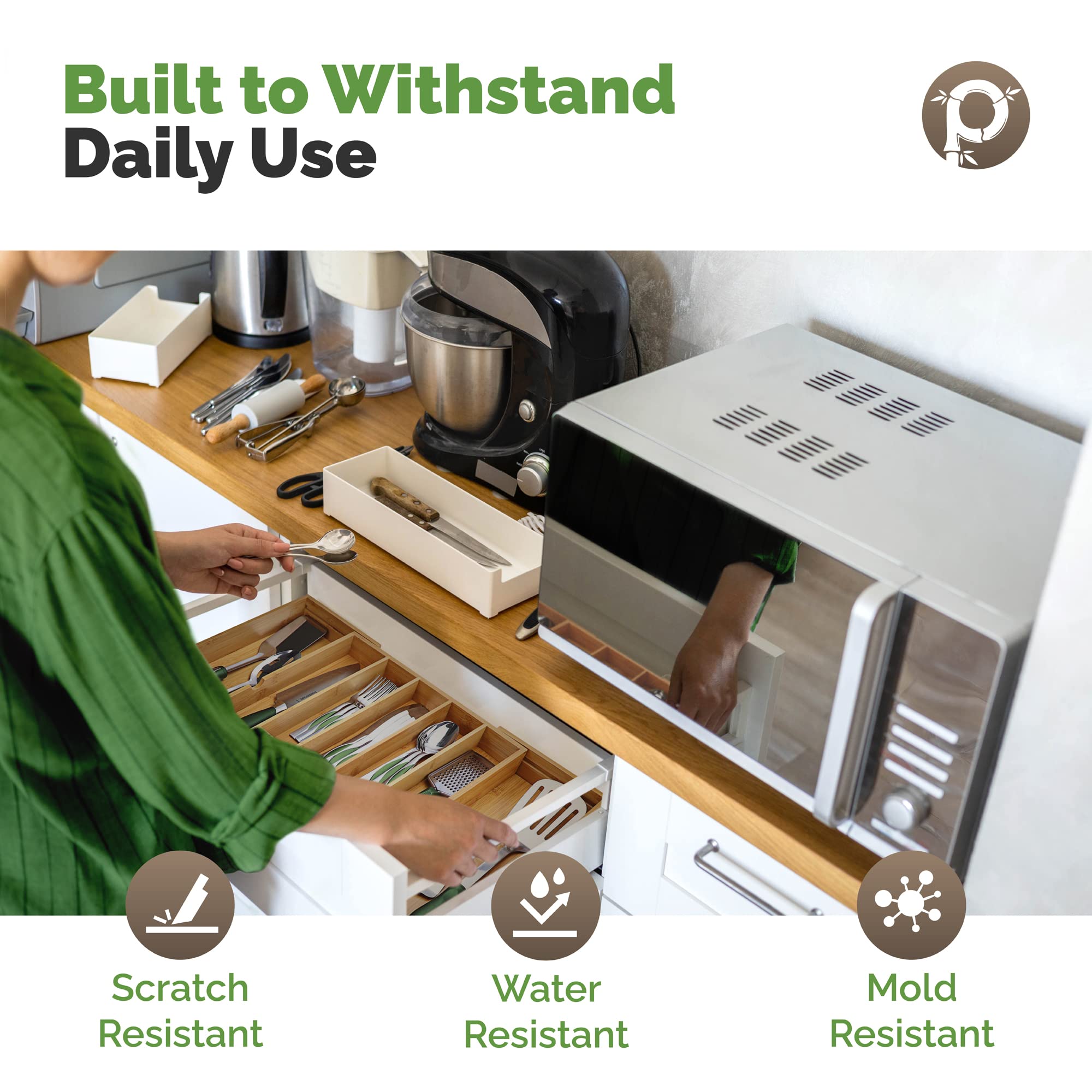 Pristine Bamboo Silverware Organizer - Expandable Kitchen Drawer Organizer - Adjustable Kitchen Drawer Organizer for Utensils, Expandable to 25 Inches Wide, 10 Compartments, Silverware Tray for Drawer