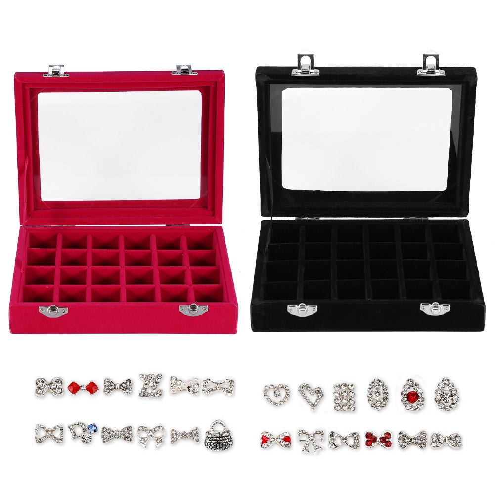 24 Grids Blank Nail Art Decorations Jewelry Rings Rhinestone Gemstone Beads Storage Box(Black)