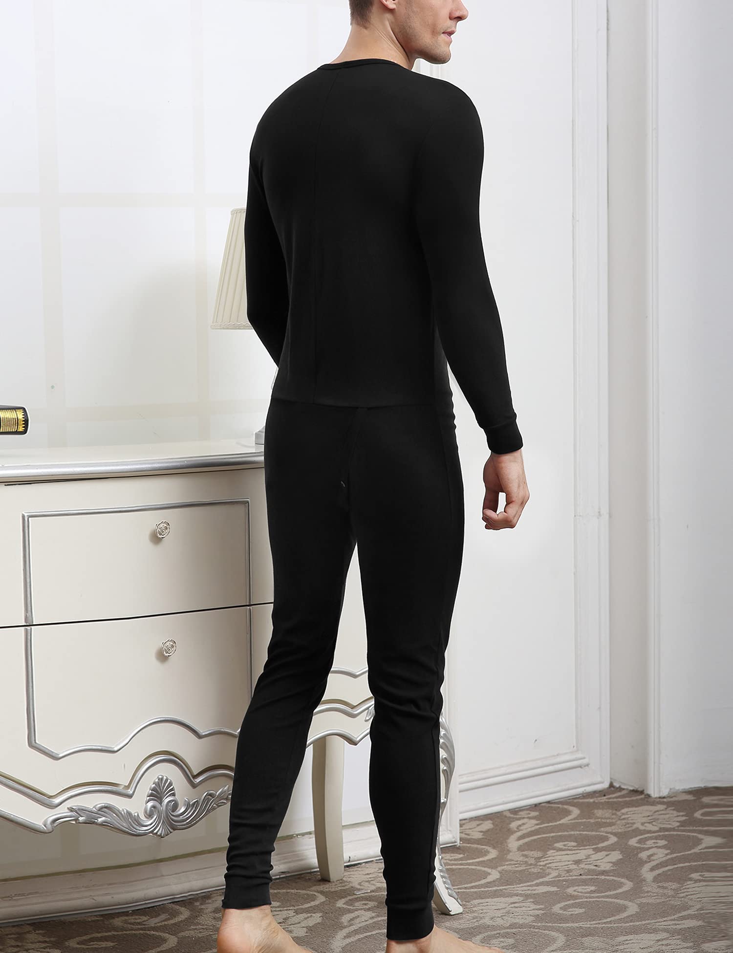COLORFULLEAF Men's Cotton Thermal Underwear Union Suits Henley Onesies Base Layer (Black, XXL)