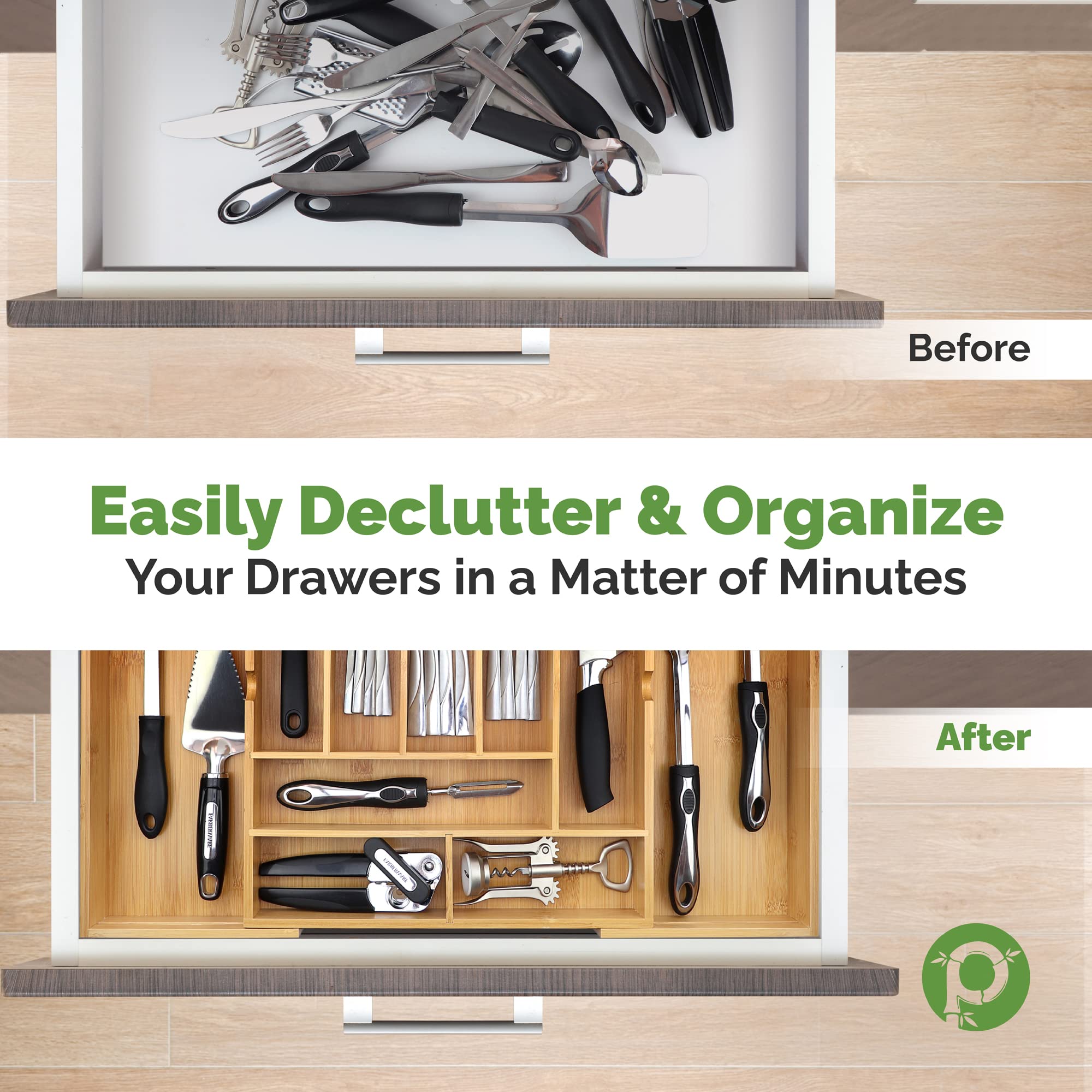Pristine Bamboo Silverware Organizer - Expandable Kitchen Drawer Organizer - Adjustable Kitchen Drawer Organizer for Utensils, Expandable to 25 Inches Wide, 10 Compartments, Silverware Tray for Drawer