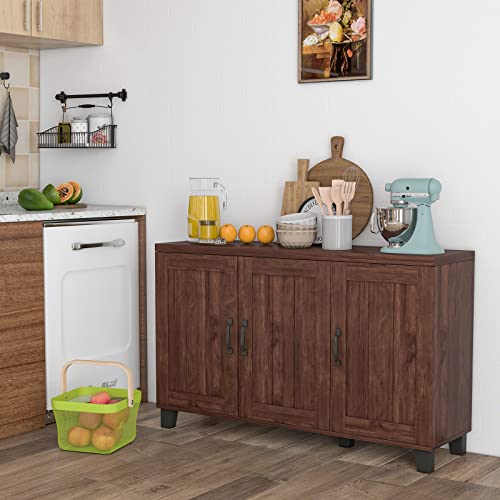 Giantex Buffet Cabinet Kitchen Storage Cupboard - 3 Door Sideboard with Adjustable Shelves, Cable Management Holes, Anti-Tipping Kits, Coffee Bar Console Cabinet for Living Room (Brown)