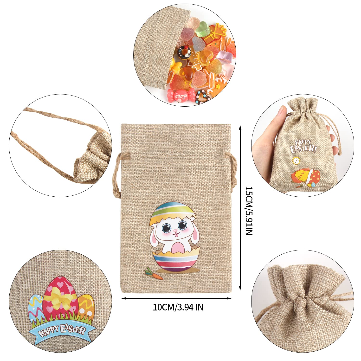 LOKIPA 24 Pcs Easter Burlap Bags, Easter Jute Burlap Bags Small Favor Bags with Drawstrings for Easter Party Favor