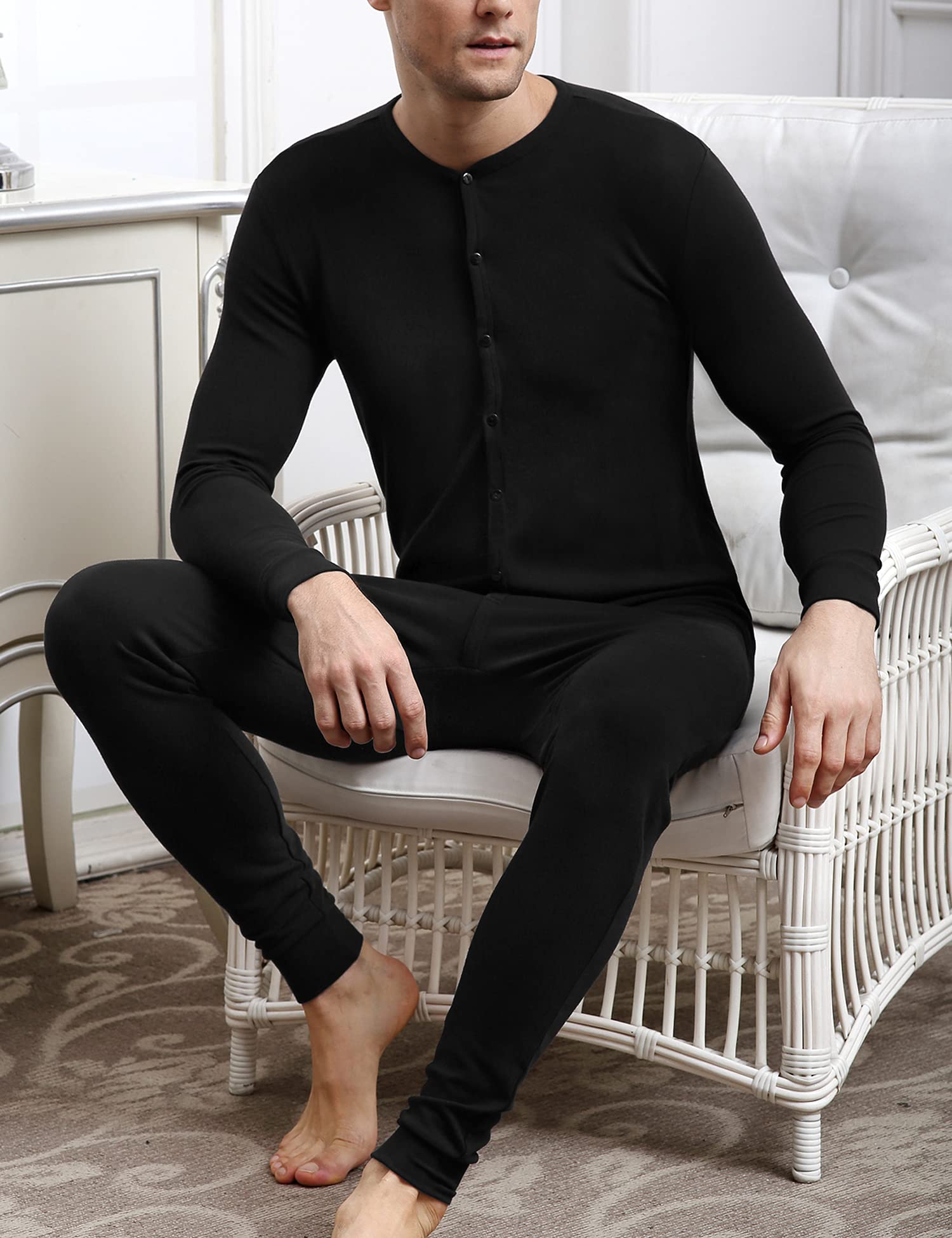 COLORFULLEAF Men's Cotton Thermal Underwear Union Suits Henley Onesies Base Layer (Black, XXL)