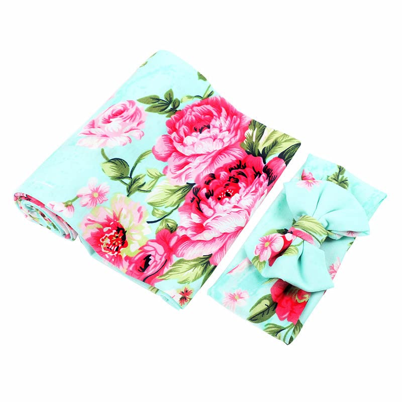 Galabloomer Receiving Blanket Headband Set Flower Print Baby Swaddle Receiving Blankets