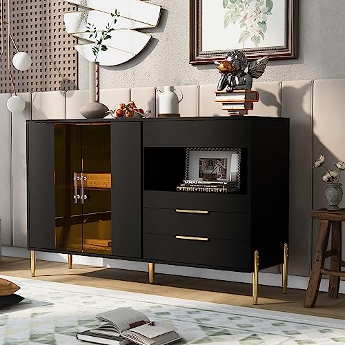 Knocbel Contemporary 53.5" Buffet Sideboard Storage Cabinet with 3 Drawers, Acrylic Doors and Adjustable Glass Shelves, Living Room Entry Hallway Foyer Table Coffee Bar Cabinet