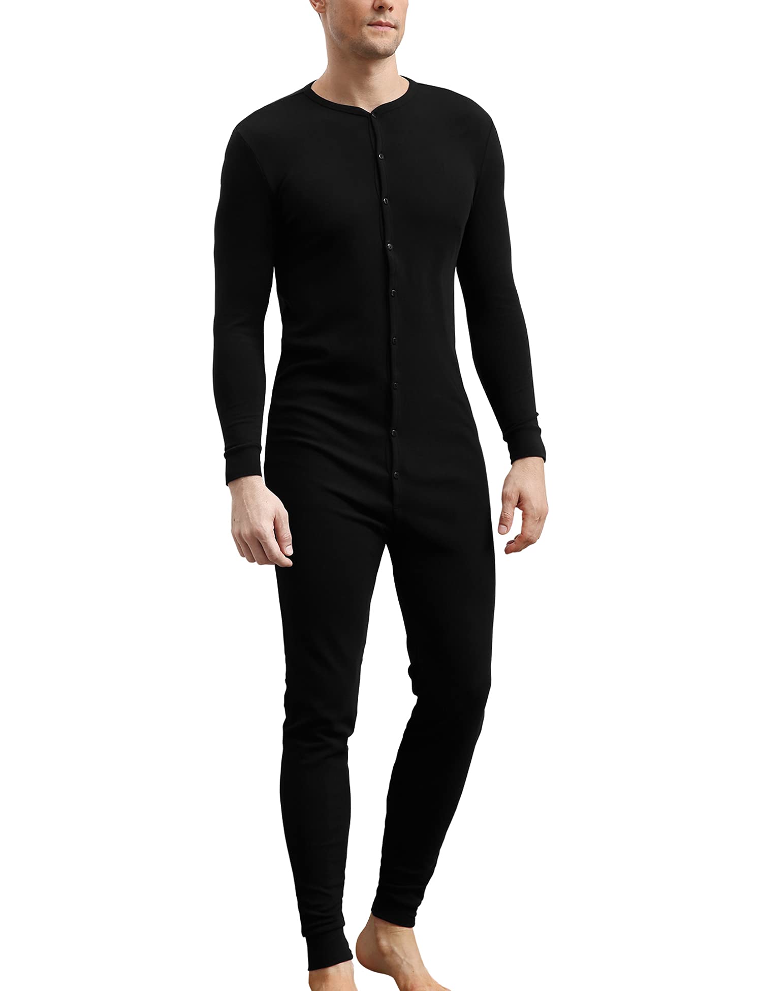 COLORFULLEAF Men's Cotton Thermal Underwear Union Suits Henley Onesies Base Layer (Black, XXL)
