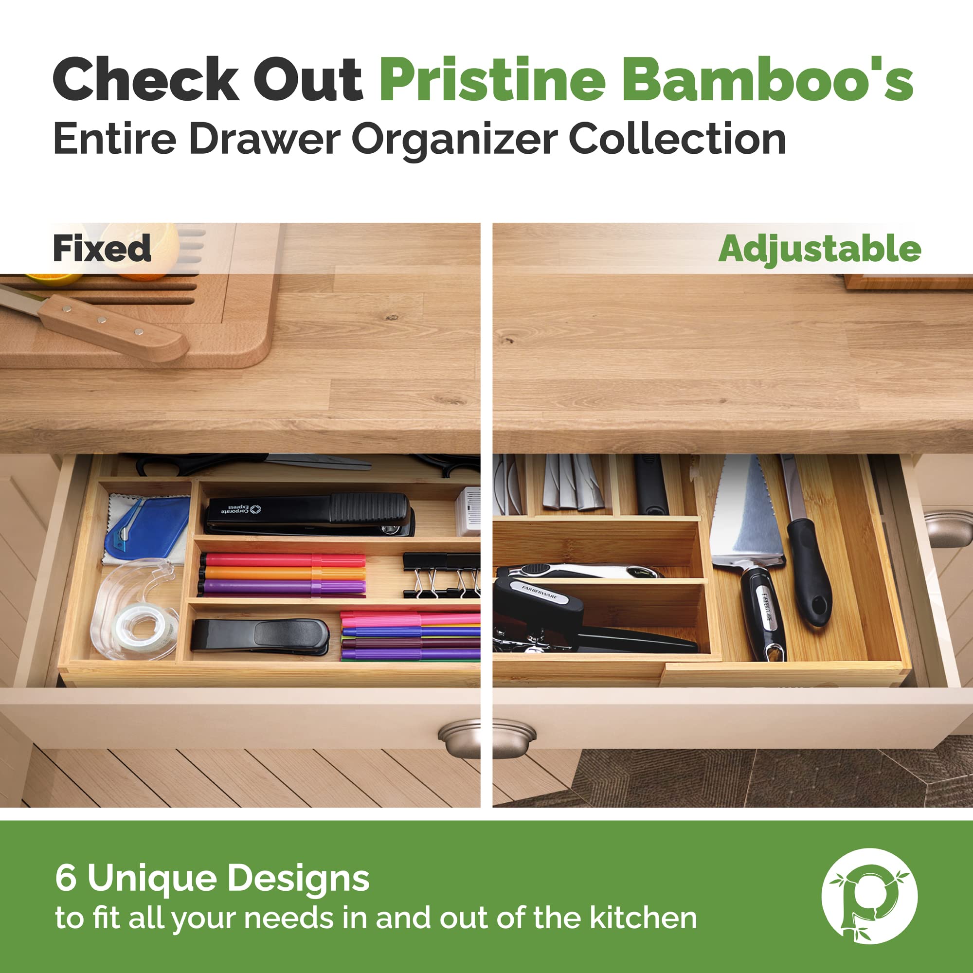 Pristine Bamboo Silverware Organizer - Expandable Kitchen Drawer Organizer - Adjustable Kitchen Drawer Organizer for Utensils, Expandable to 25 Inches Wide, 10 Compartments, Silverware Tray for Drawer