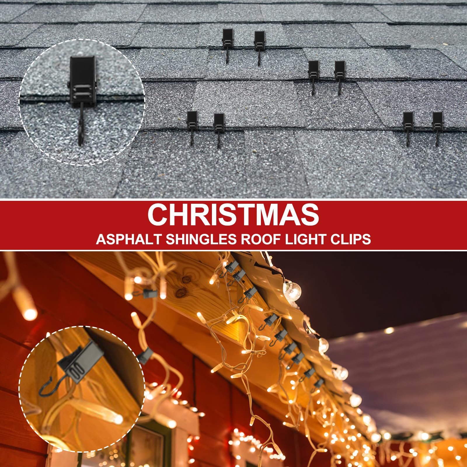 Gisafai Christmas Asphalt Shingles Roof Light Clips Mini Light Clips for Gutters Hooks for Hanging Christmas Outdoor Decoration, Electroplated Iron(Black,50 Pcs)