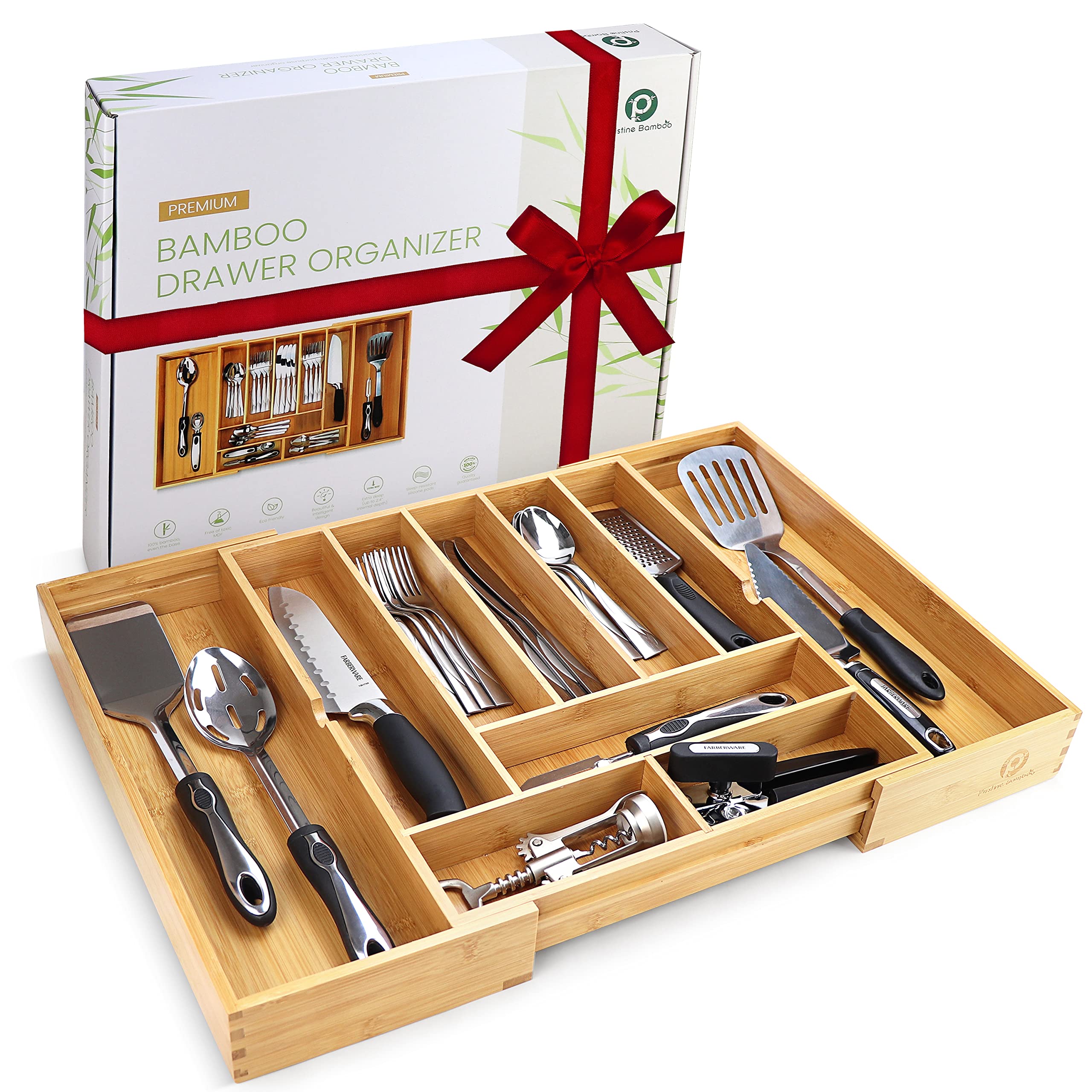 Pristine Bamboo Silverware Organizer - Expandable Kitchen Drawer Organizer - Adjustable Kitchen Drawer Organizer for Utensils, Expandable to 25 Inches Wide, 10 Compartments, Silverware Tray for Drawer