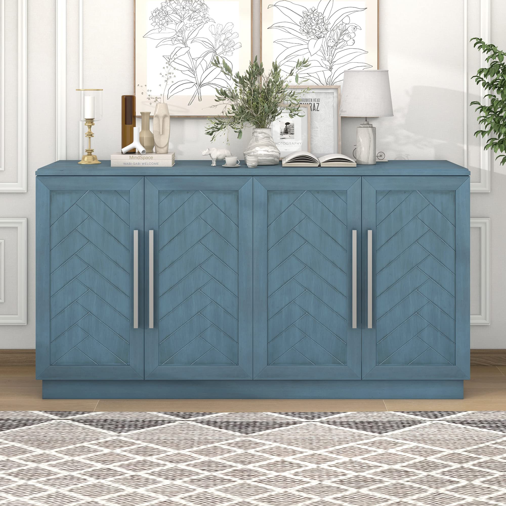 LUMISOL Solid Wood Sideboard Storage Cabinet with Doors for Living Kitchen Room Rustic Sideboard Buffet Cabinet with Adjustable Shelf