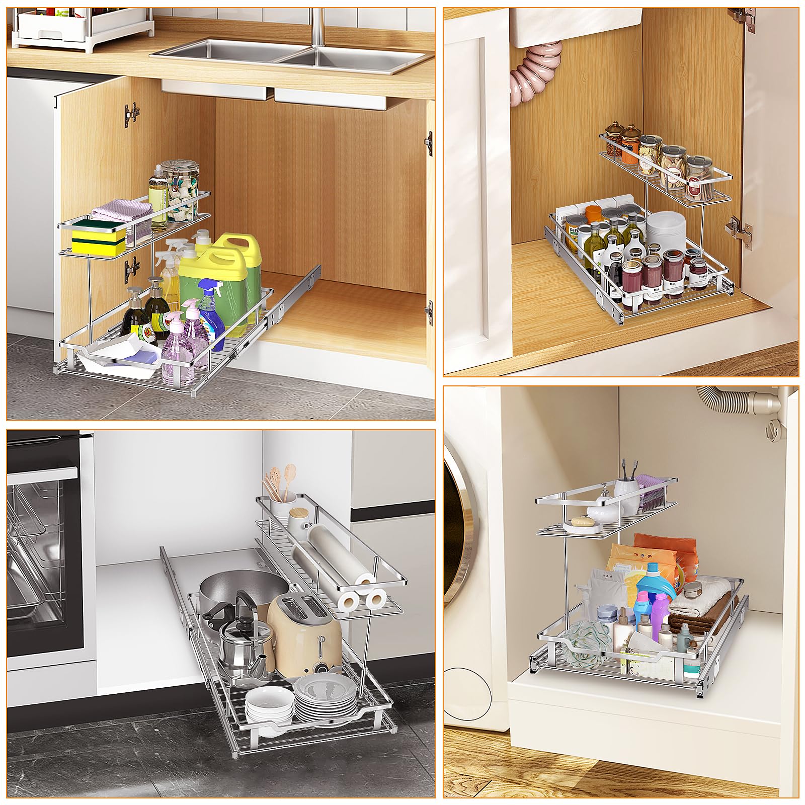 Tksrn Pull Out Cabinet Organizer, Under Sink Organizer Kitchen Slide Out Storage Shelf with 2 Tier Sliding Wire Drawer - 12.6W x 16.5D x 13H - Request at Least 13 inch Cabinet Opening
