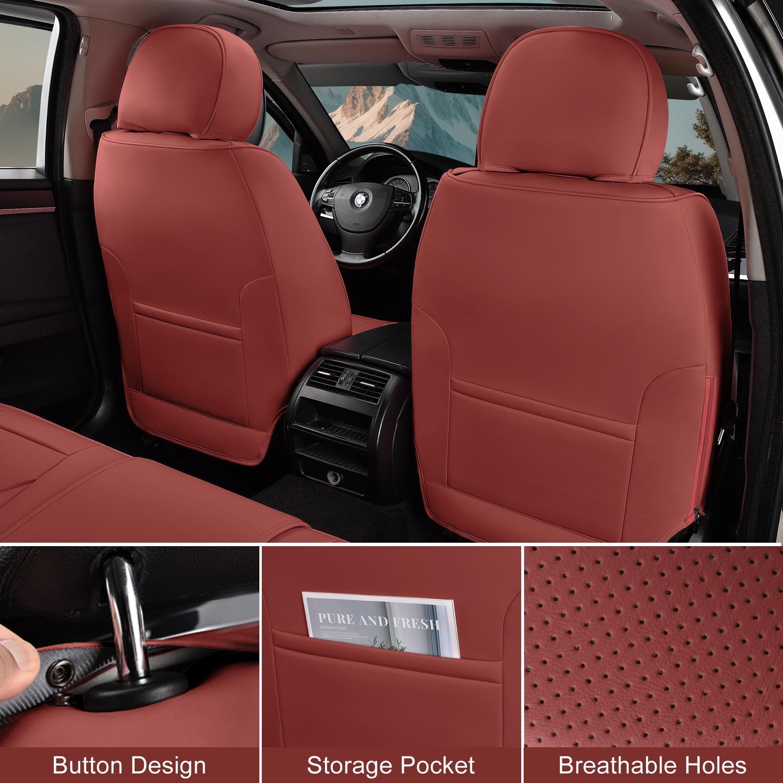 TIEHESYT Wine Red Car Seat Covers Full Set, Breathable Leather Automotive Front and Rear Seat Covers & Headrest for Comfortable Driving, Universal Auto Interior Fit for Most Kinds of Vehicles, Cars