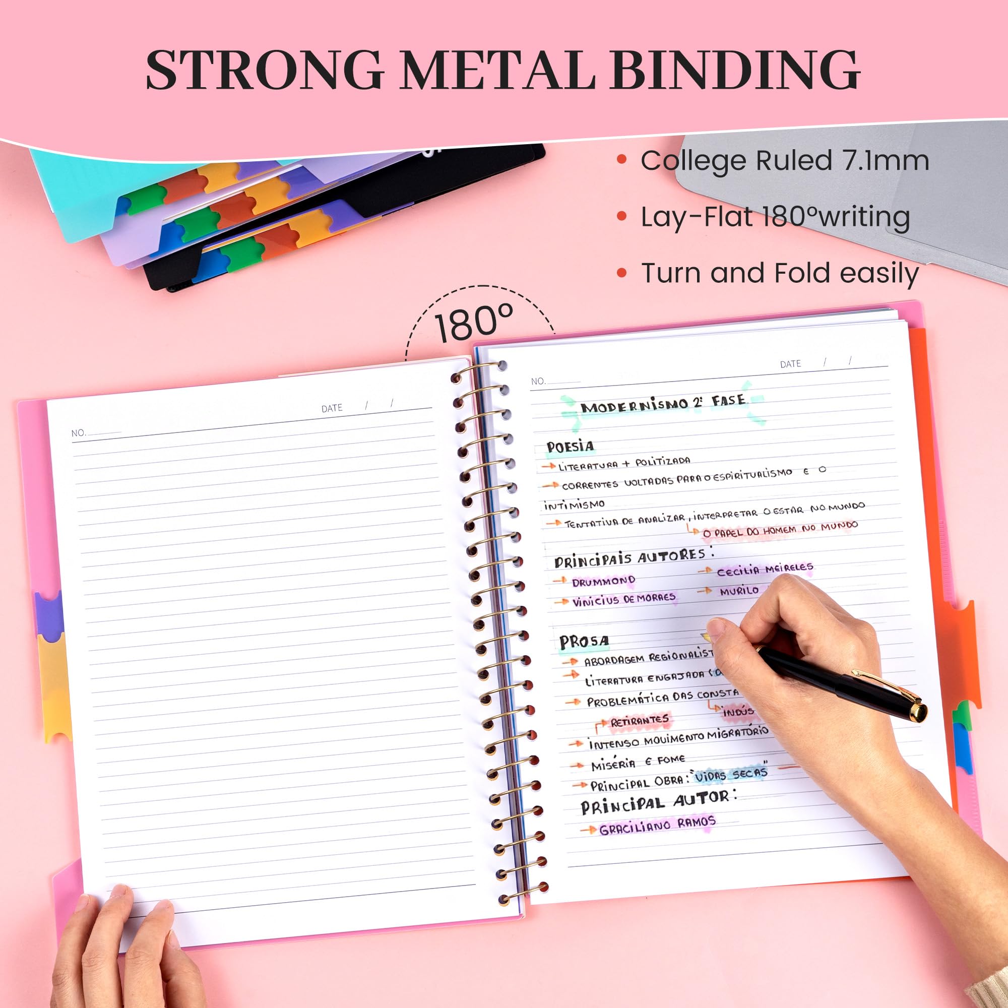 CAGIE 5 Subject Notebook College Ruled with Removable Tabs, 8.5'' x 11'' Lined Spiral Journals Notebook for Women Men Writing, Notebooks for Work Note Taking School Supplies, Pink