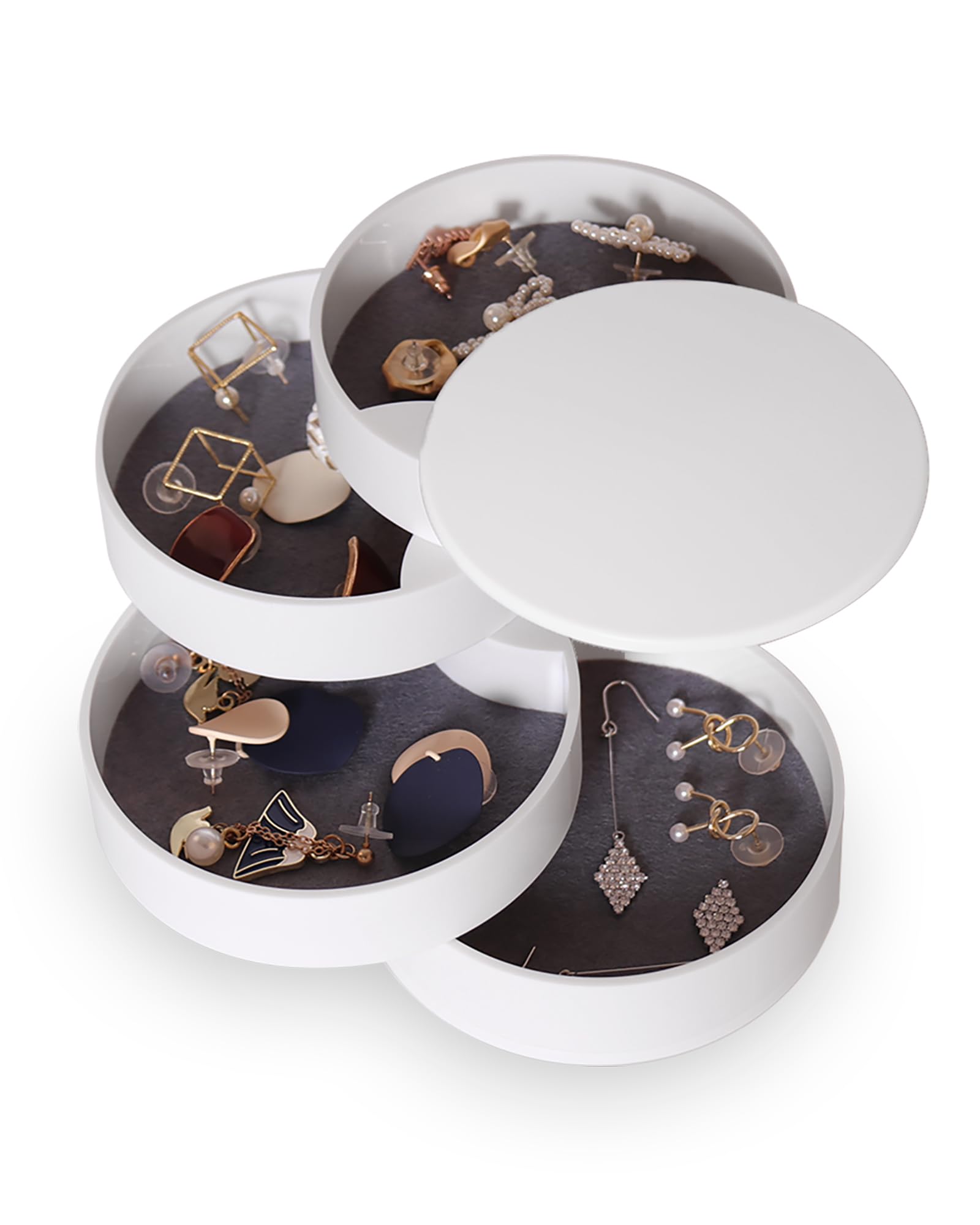 CONBOLA Jewelry Organizer, Small Jewelry Storage Box Earring Holder for Women, 5-Layer Rotating Travel Jewelry Tray Case with Lid for Bracelets Rings Bracelets(White)