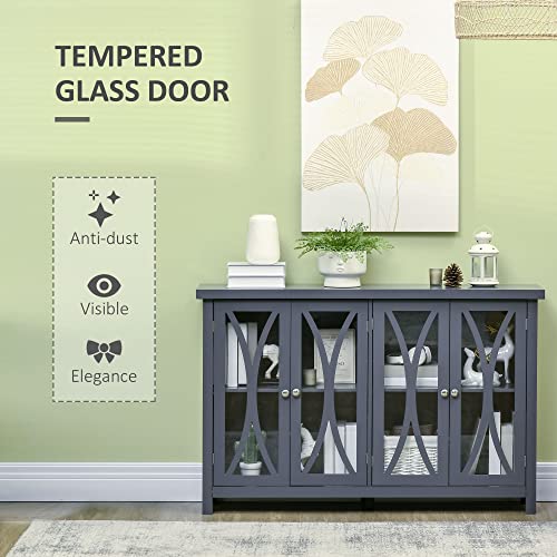 HOMCOM Sideboard, Buffet Cabinet with 4 Tempered Glass Doors, Arc Pattern and Adjustable Storage Shelf, Credenza, Gray