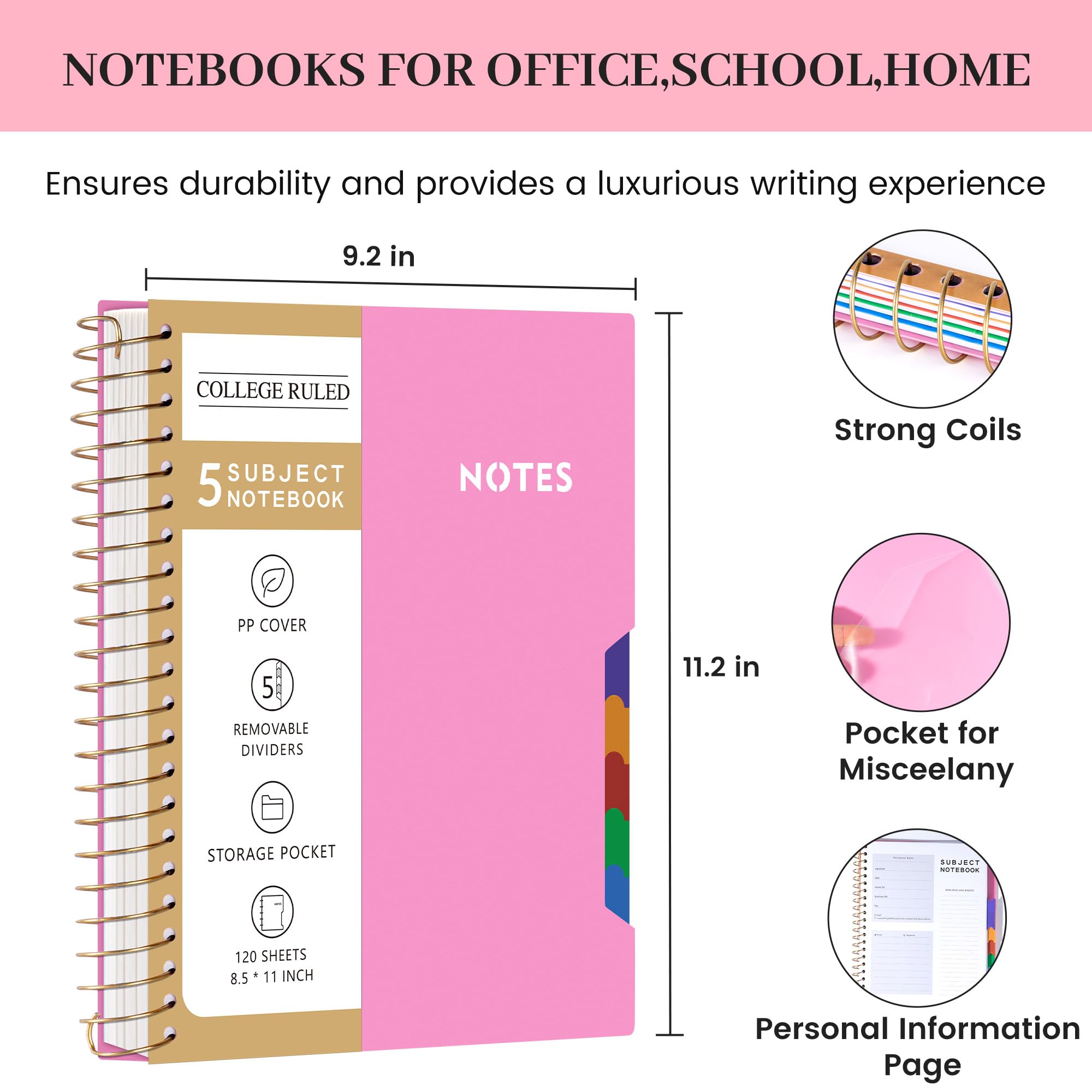CAGIE 5 Subject Notebook College Ruled with Removable Tabs, 8.5'' x 11'' Lined Spiral Journals Notebook for Women Men Writing, Notebooks for Work Note Taking School Supplies, Pink