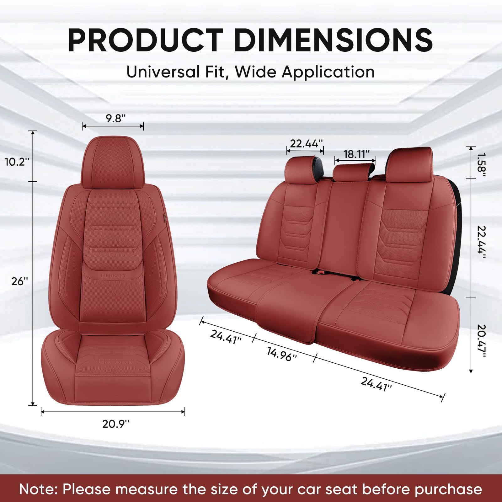 TIEHESYT Wine Red Car Seat Covers Full Set, Breathable Leather Automotive Front and Rear Seat Covers & Headrest for Comfortable Driving, Universal Auto Interior Fit for Most Kinds of Vehicles, Cars