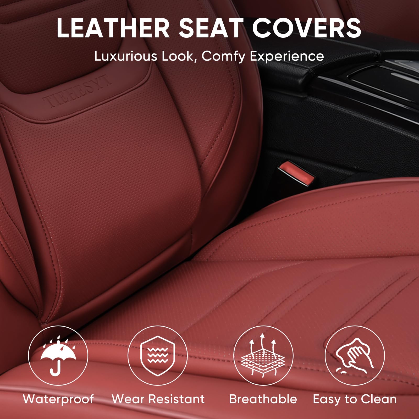 TIEHESYT Wine Red Car Seat Covers Full Set, Breathable Leather Automotive Front and Rear Seat Covers & Headrest for Comfortable Driving, Universal Auto Interior Fit for Most Kinds of Vehicles, Cars