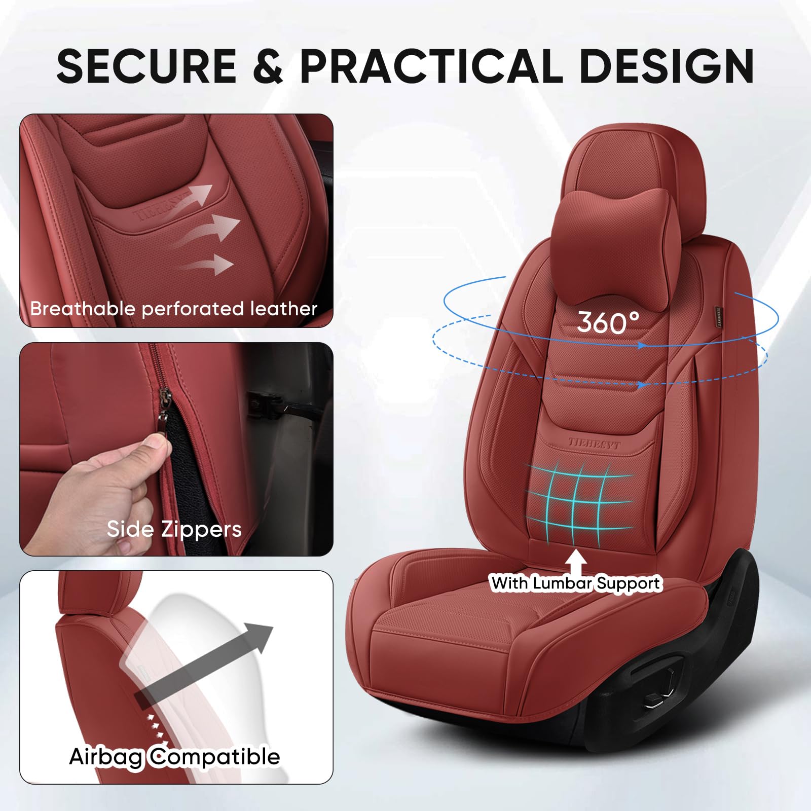 TIEHESYT Wine Red Car Seat Covers Full Set, Breathable Leather Automotive Front and Rear Seat Covers & Headrest for Comfortable Driving, Universal Auto Interior Fit for Most Kinds of Vehicles, Cars