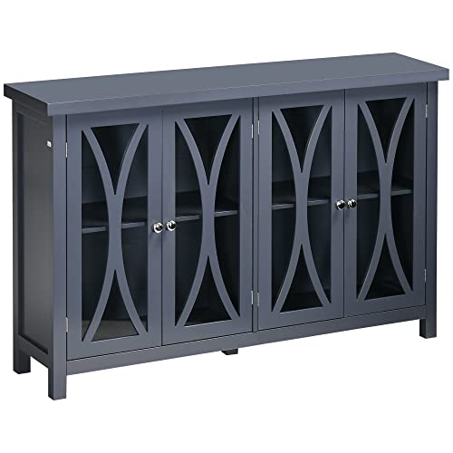 HOMCOM Sideboard, Buffet Cabinet with 4 Tempered Glass Doors, Arc Pattern and Adjustable Storage Shelf, Credenza, Gray